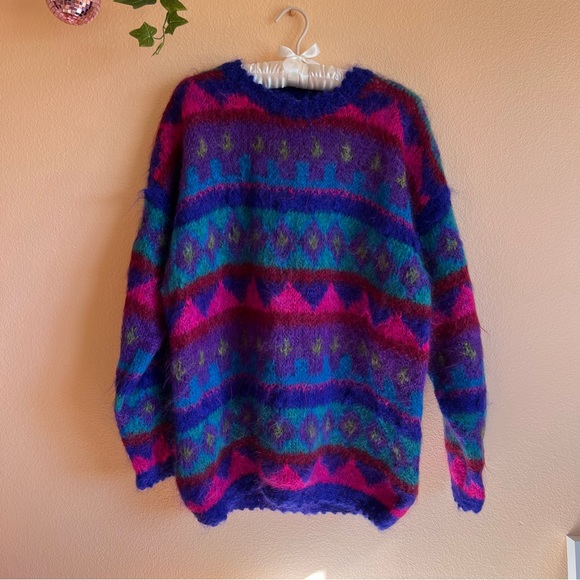 Vintage | Sweaters | Vintage Geometric Pink Purple Blue Knit Sweater ...